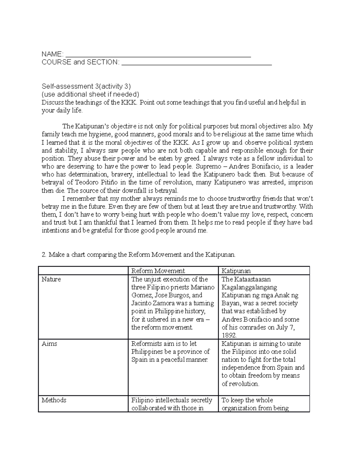 Teachings of KKK - NAME: COURSE and SECTION: Self-assessment 3(activity ...