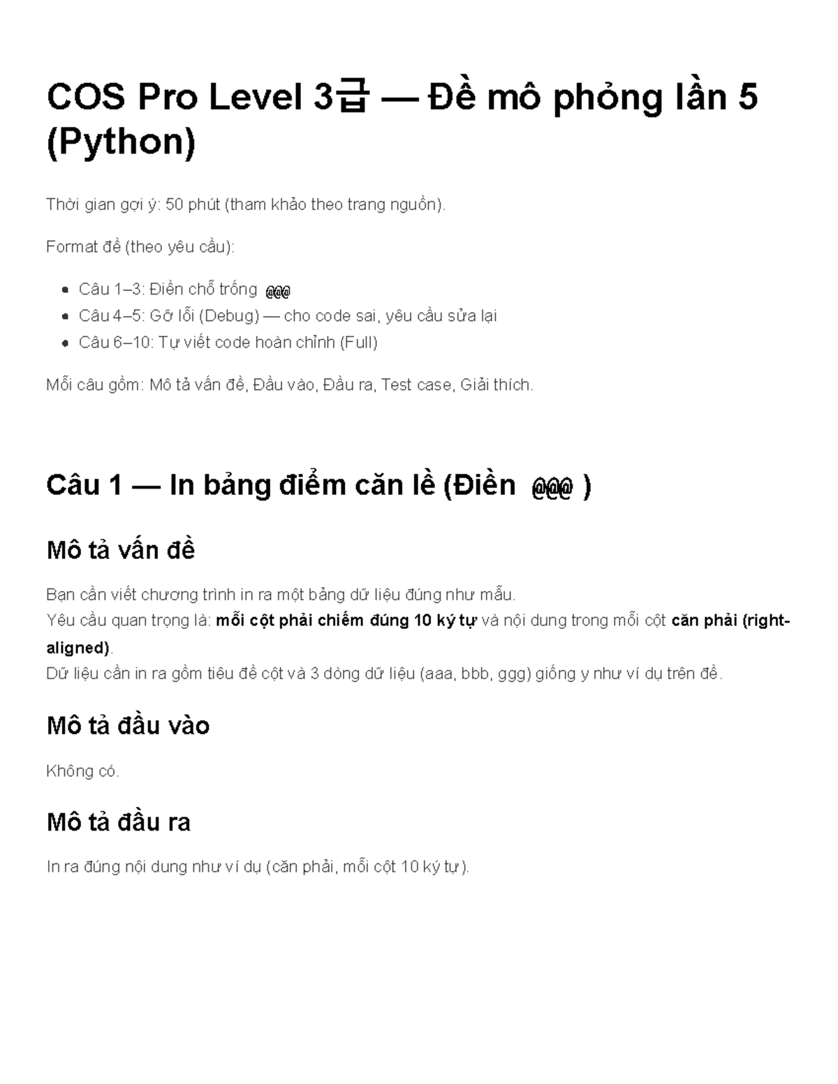 COS Pro Level 3 - Đề Mô Phỏng Lần 5 (Python) - Thời Gian 50 Phút - Studocu