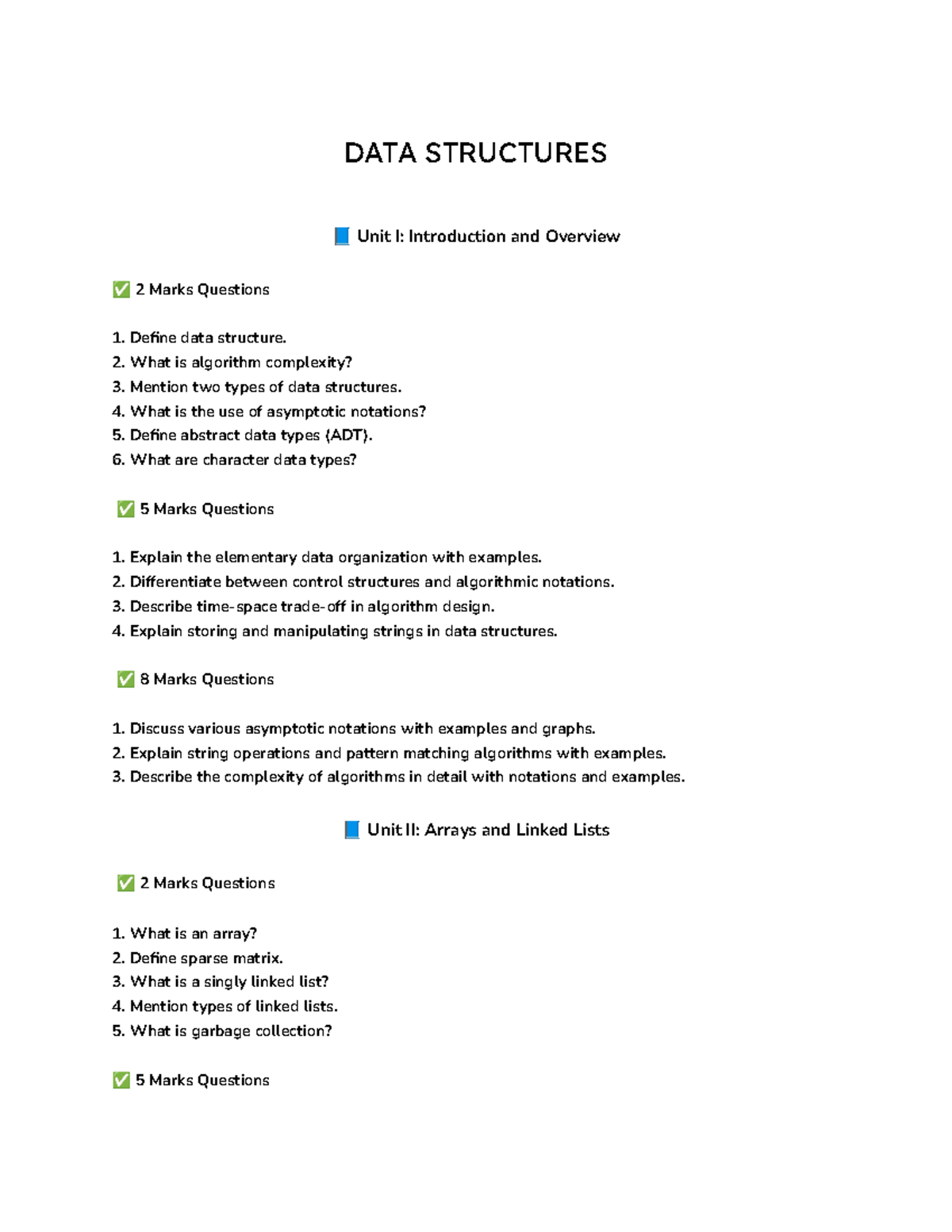 DATA STRUCTURES (CS101) Important Questions for All Units - Studocu