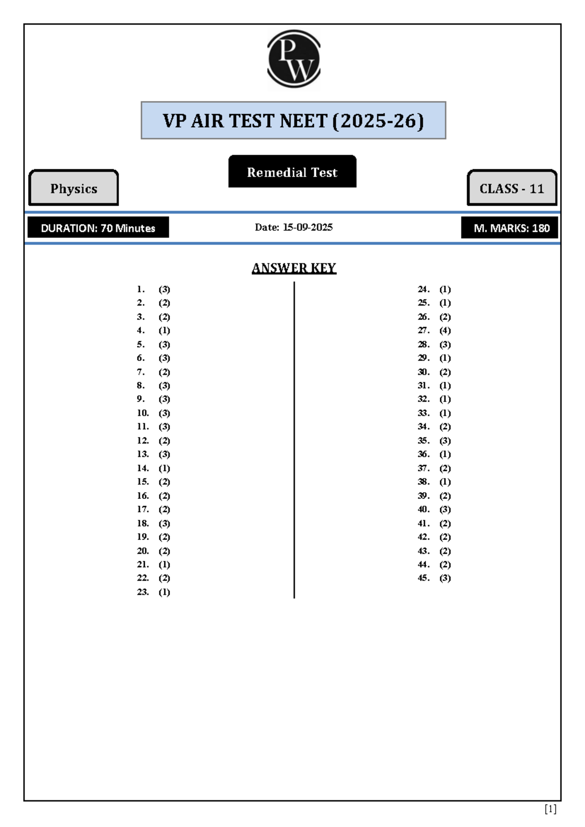 VP AIR Remedial Test-05 Physics 11 NEET Answer Key & Solutions - Studocu