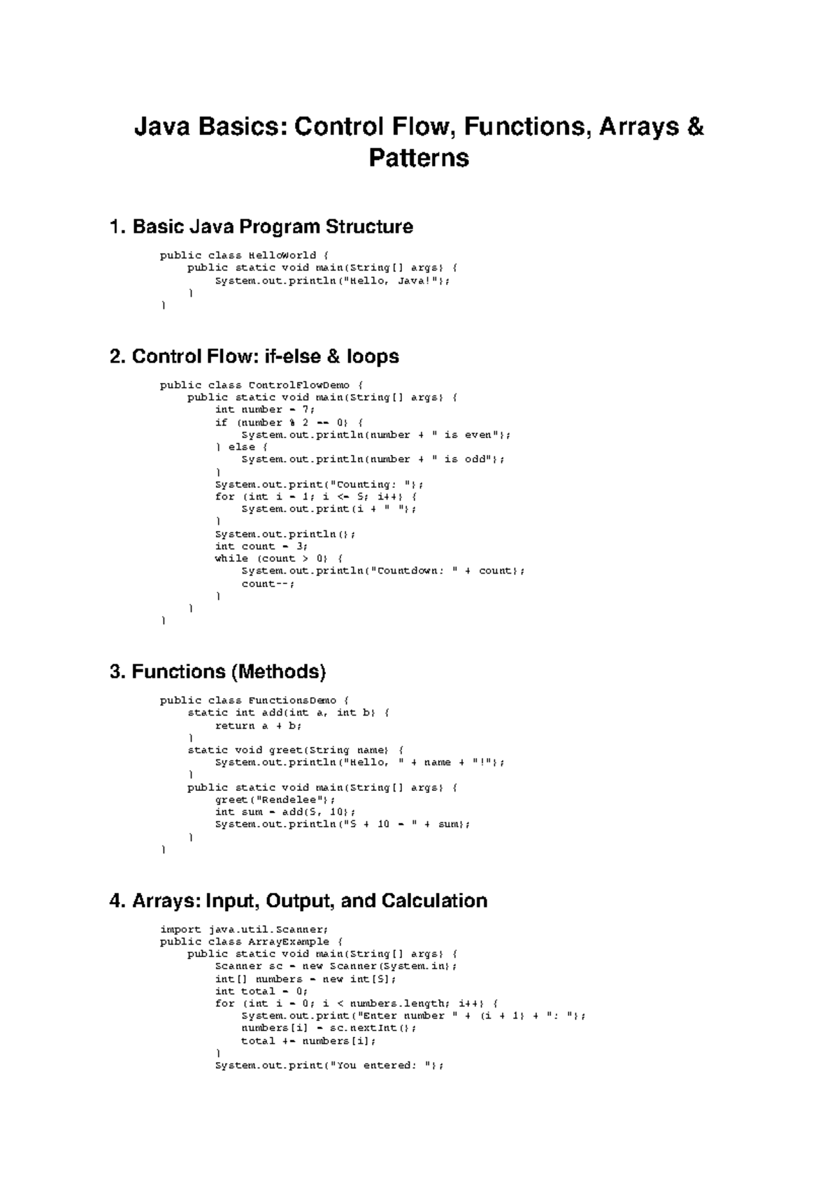 Java Basics: Control Flow, Functions, and Arrays Overview - Studocu