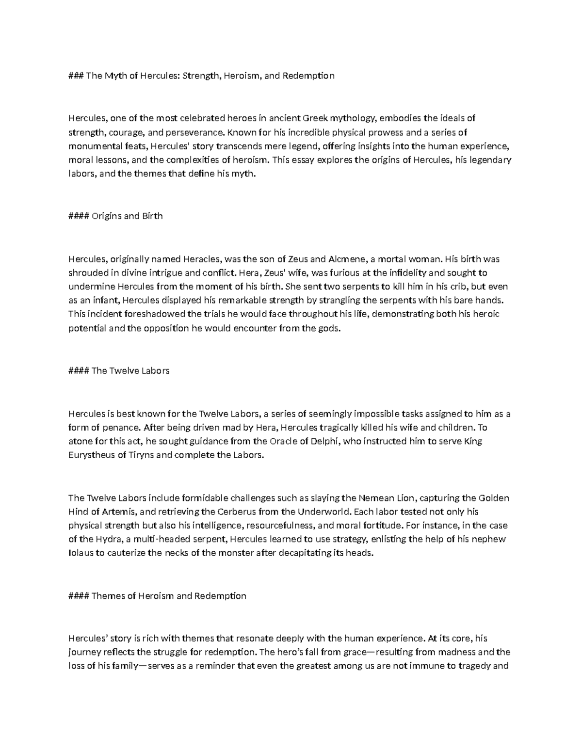 The Myth of Hercules - ENGLISH ESSAY - The Myth of Hercules: Strength ...
