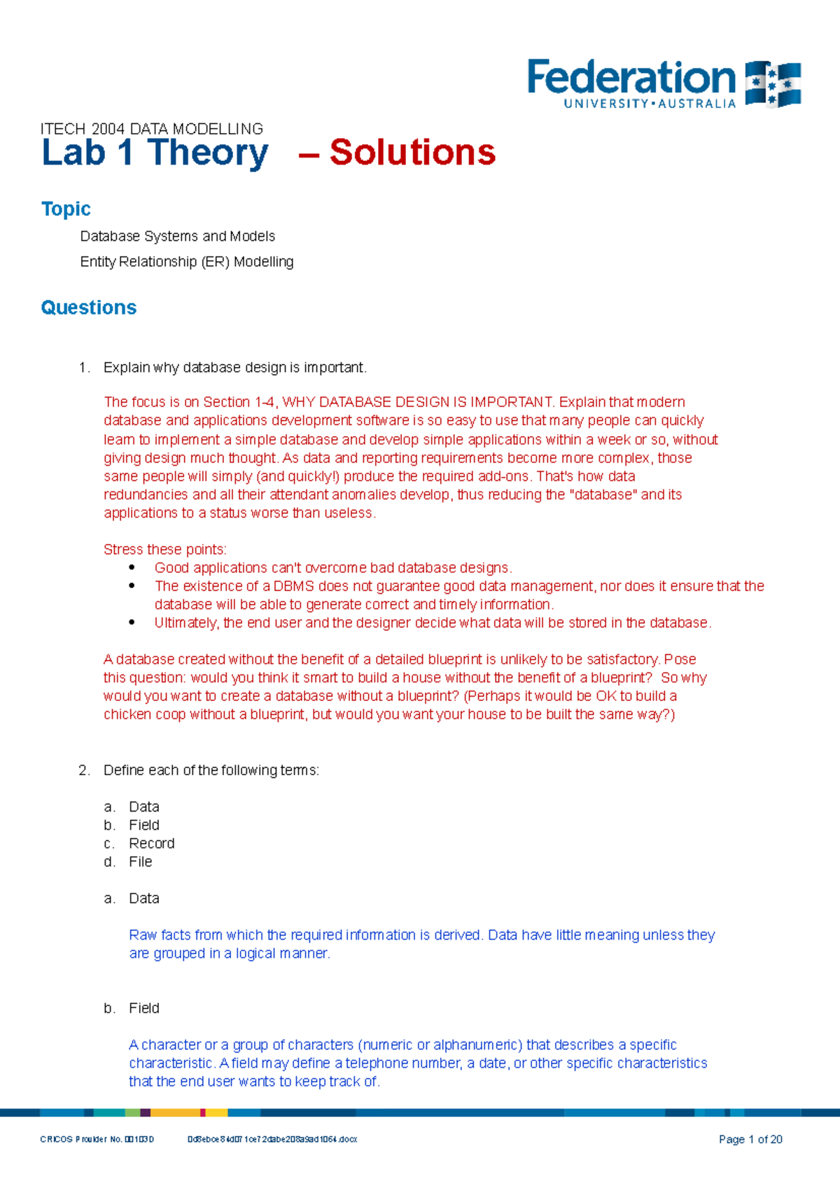 ITECH2004 2021 Lab1 Theory Exercises(solutions) - ITECH2004 - Fed Uni - Studocu
