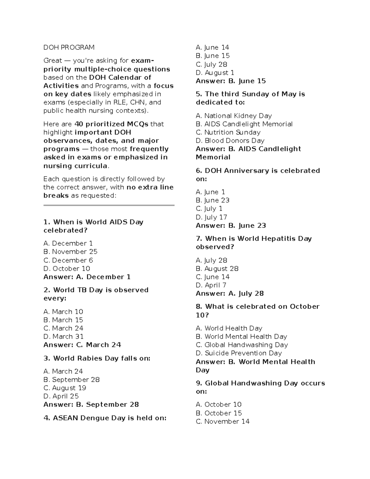DOH Program Dates - Exam Priority MCQs for Nursing Review - Studocu