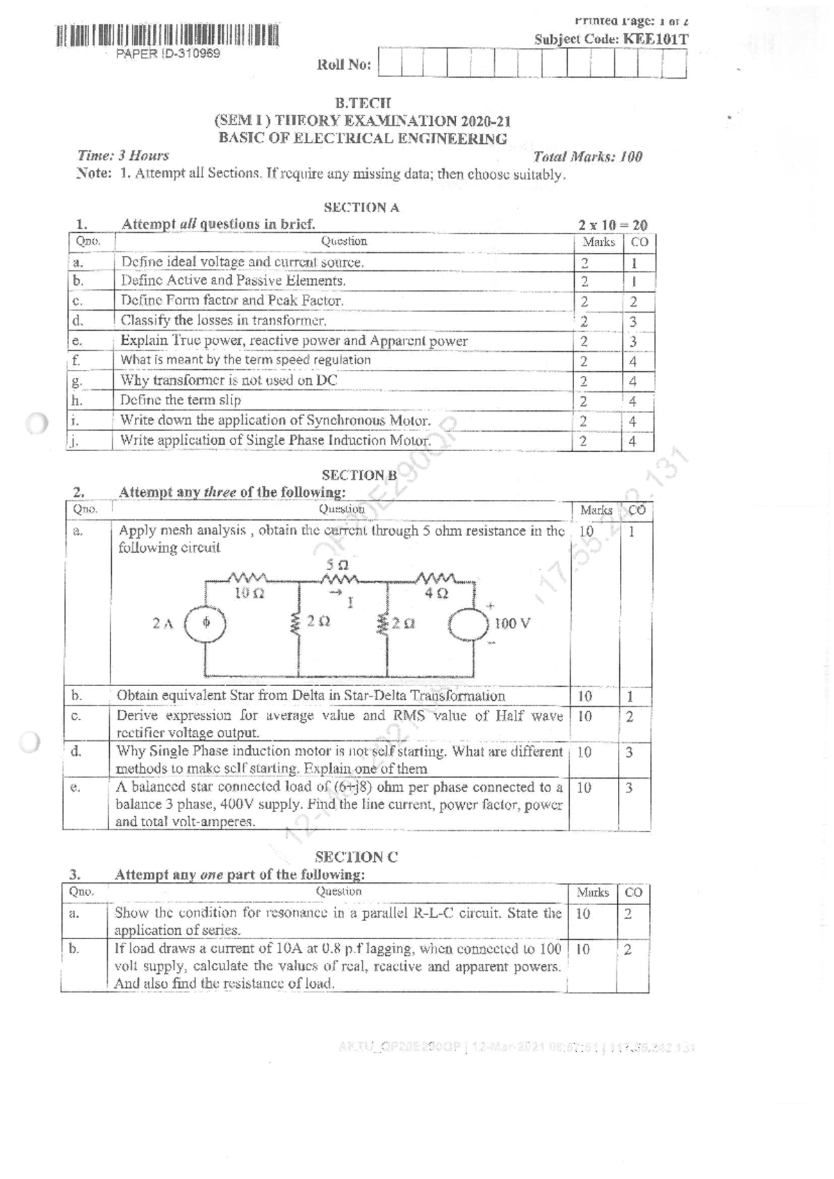 KEE101T Basic of Electrical Engineering Final Exam Paper 2020-21 - Studocu