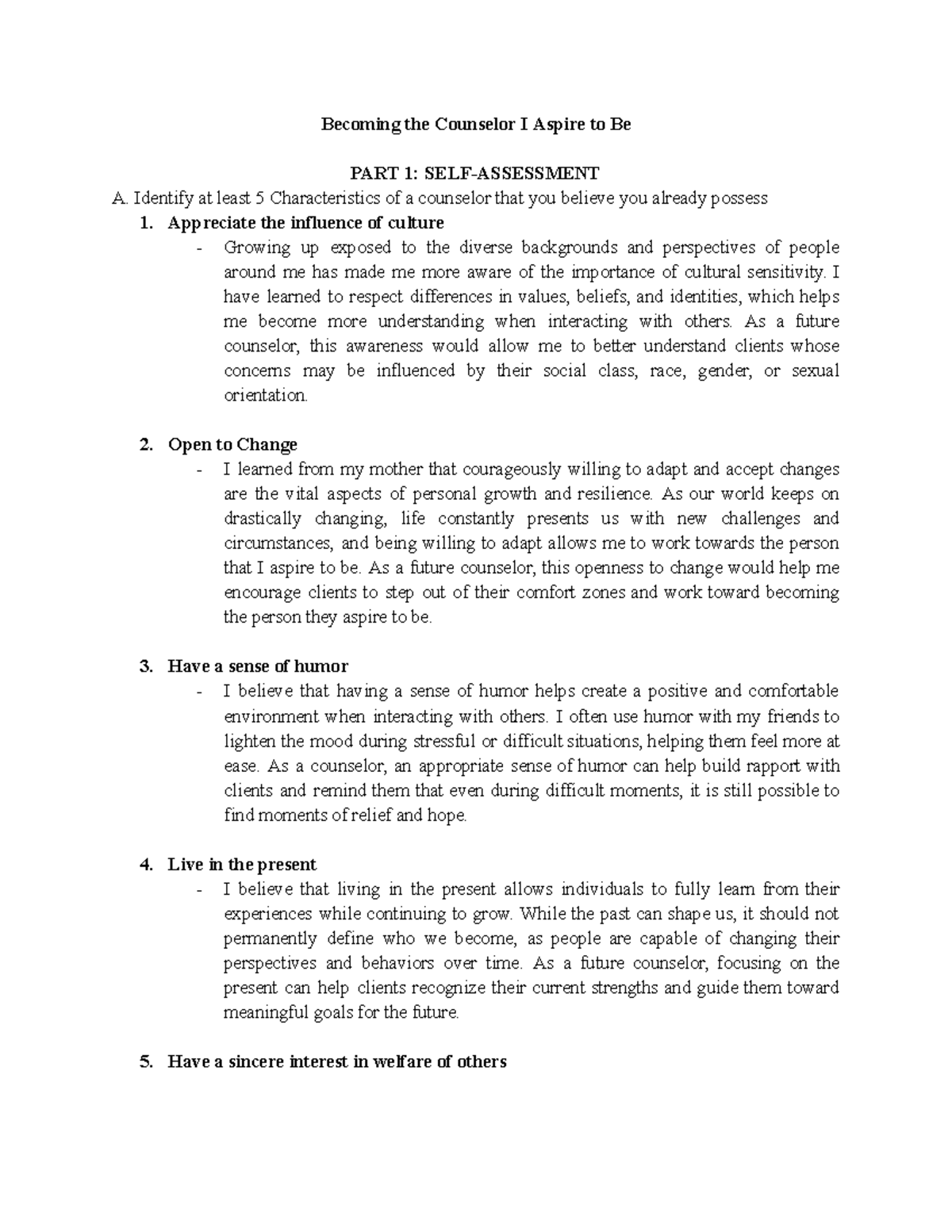Counseling Prelim Activity: Characteristics of an Effective Counselor ...