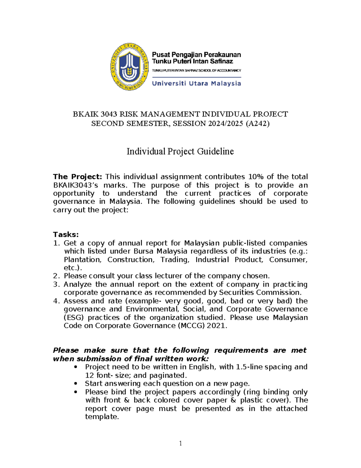 BKAIK 3043 Individual Project on Corporate Governance Practices - Studocu
