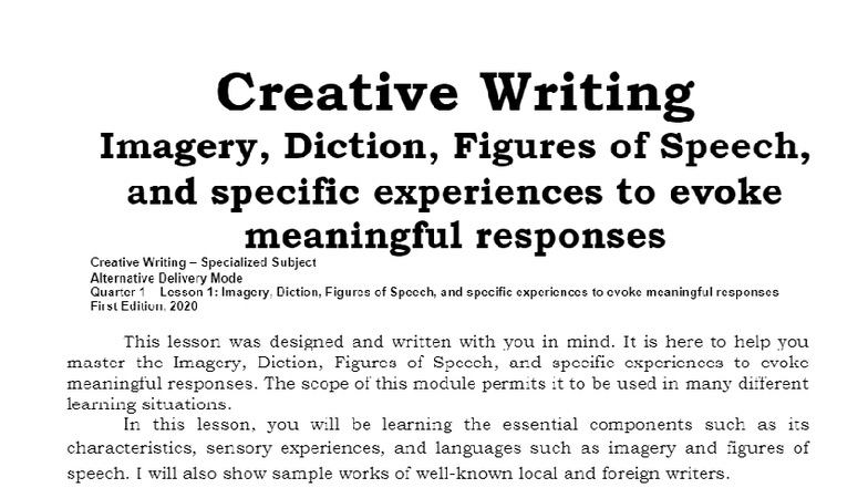 Creative Writing: Imagery, Diction, and Figures of Speech (MOD WEEK 1 ...