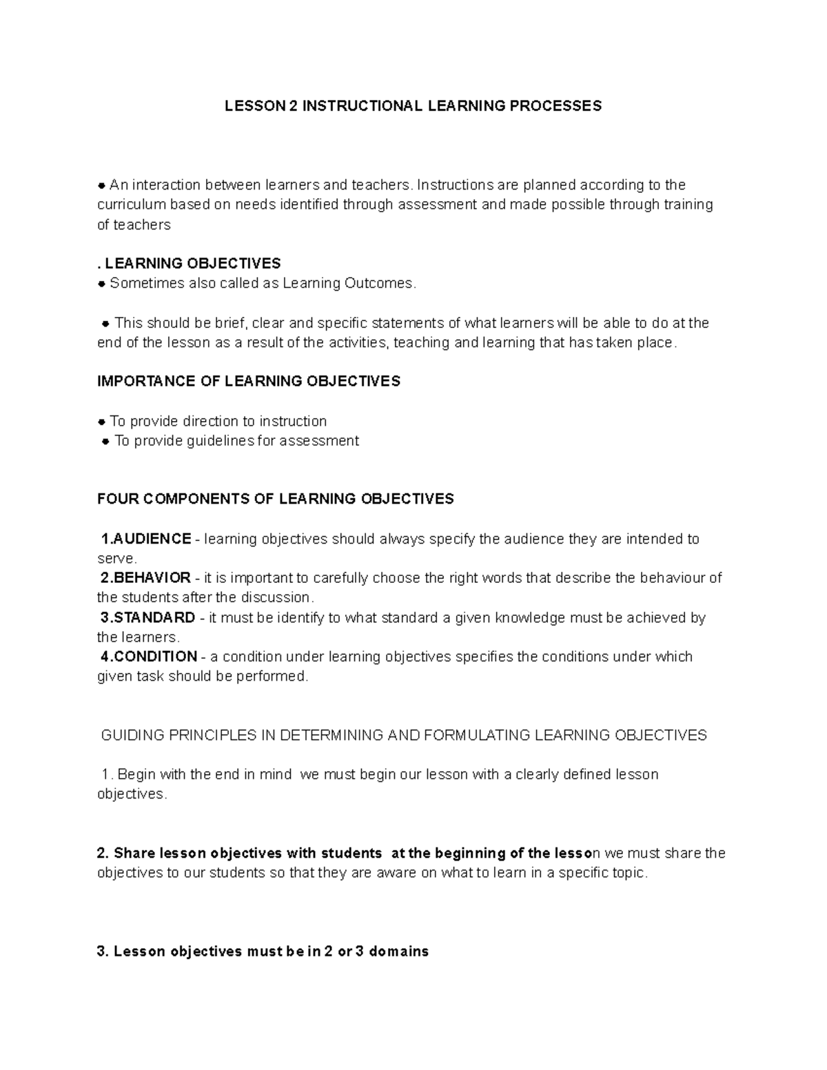 Lesson 2: Instructional Learning Processes and Learning Objectives - Studocu