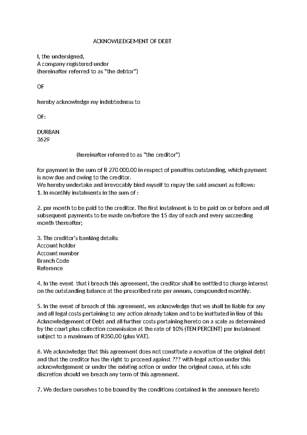 Acknowledgement of Debt Agreement - Legal Document Template - Studocu