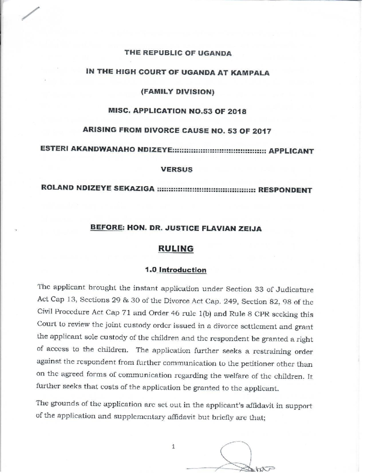 Esteri Ndizeye v Roland Ndizeye: Review of Custody Order (M.A. 53/2018 ...