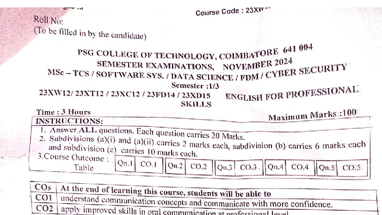 English for Professional Skills - Semester Exam 23XT12, 23XC12, 23FD14 ...