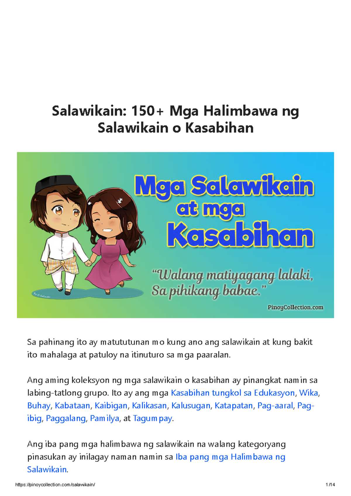 Salawikain: 150+ Halimbawa at Kahalagahan ng Mga Kasabihan - Studocu