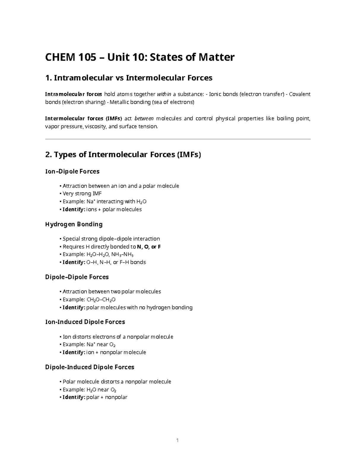 CHEM 105 Unit 10: States of Matter - Intermolecular Forces Notes - Studocu
