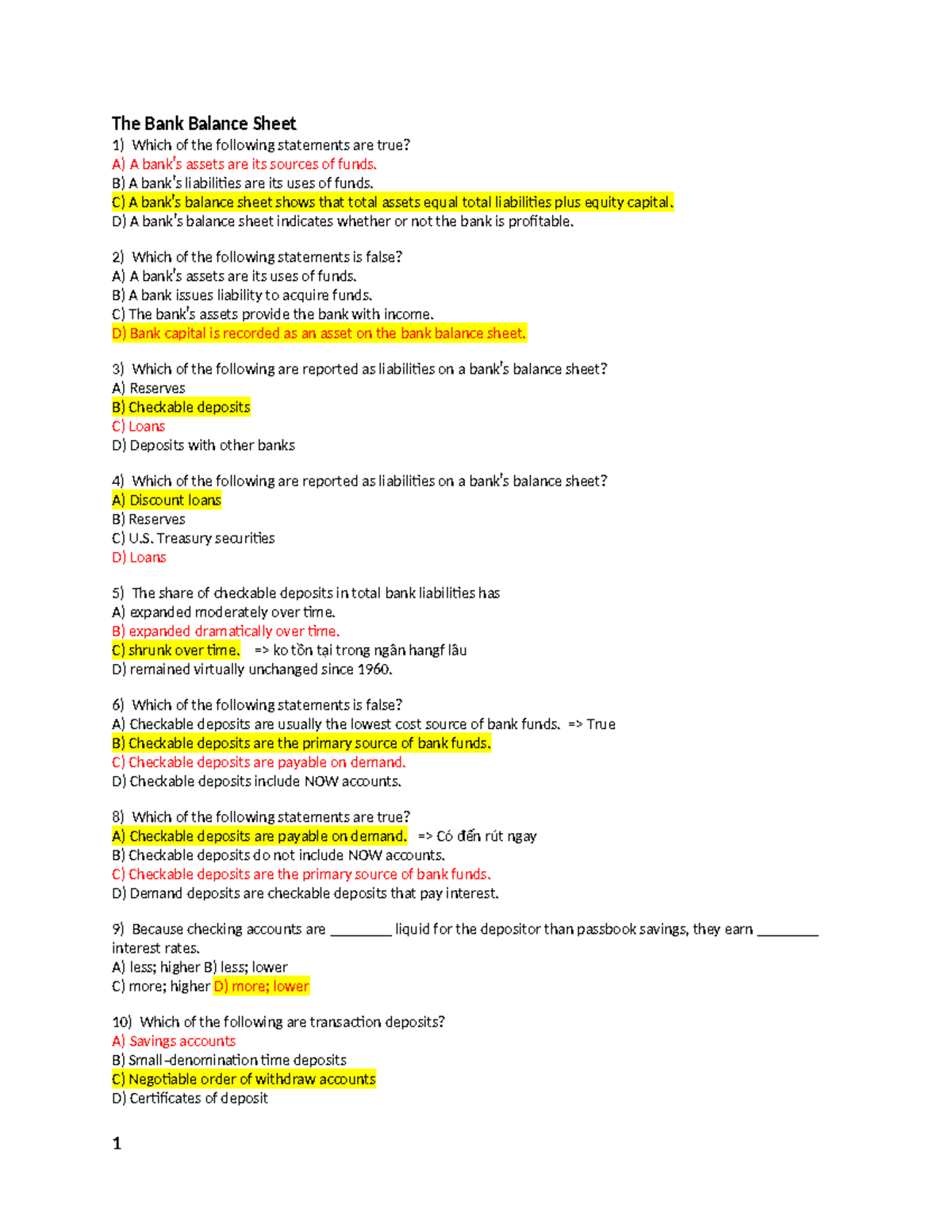 The Bank Balance Sheet: Key Concepts and True/False Questions - Studocu