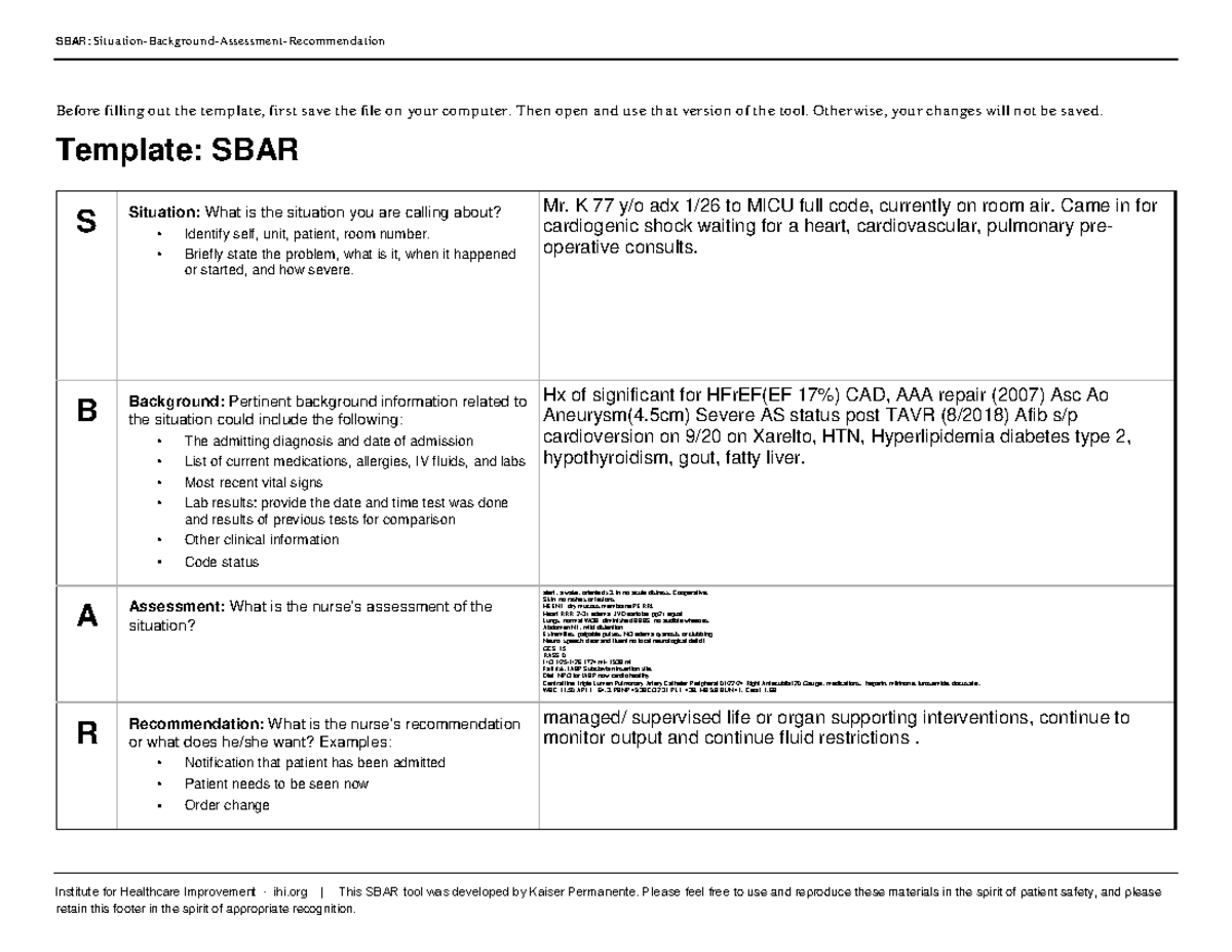 SBAR Hand-Off Report Template for Patient Assessment & Recommendations ...