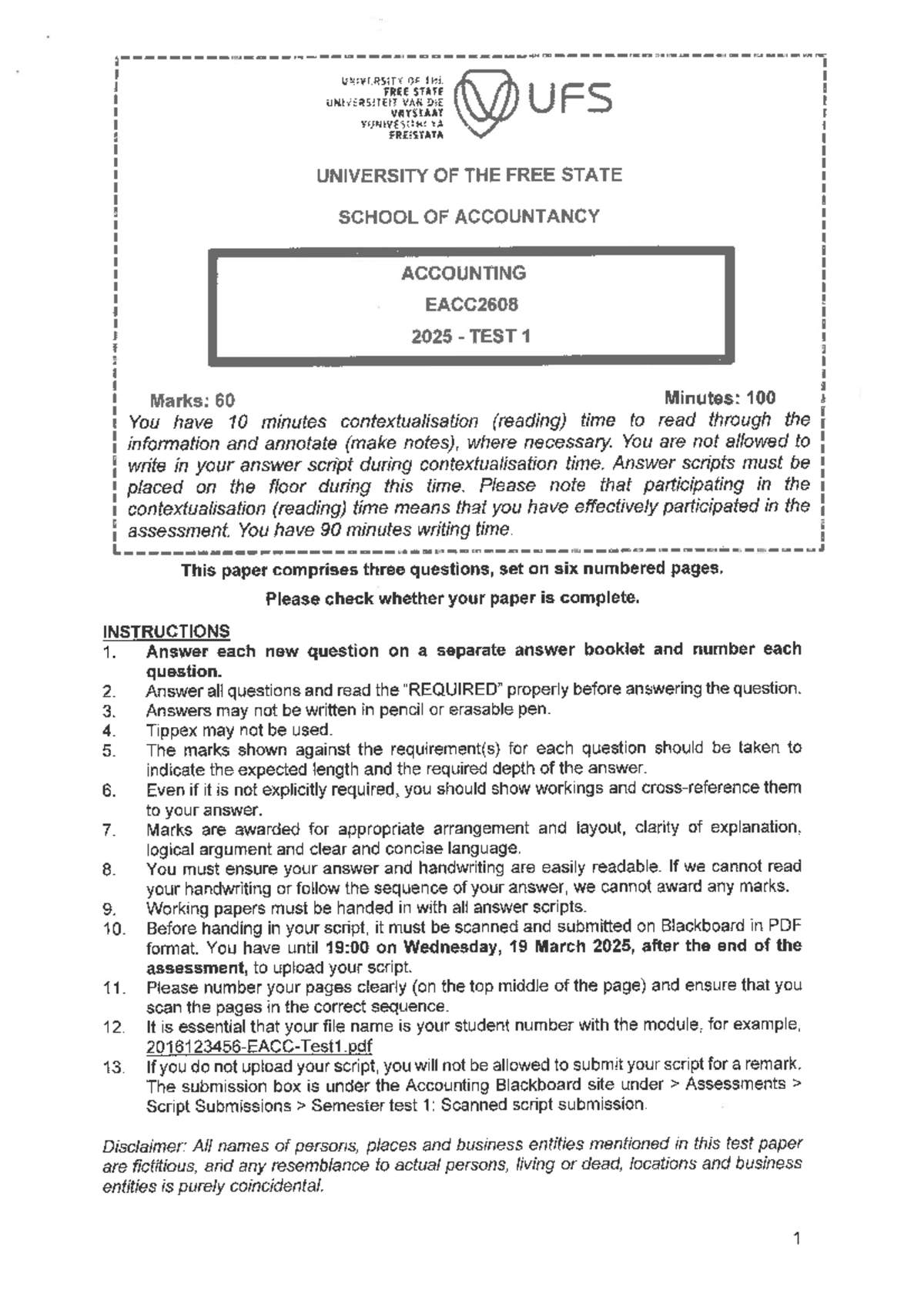 EACC2608 2025 Semester Test 1: Accounting Principles & Practices - Studocu