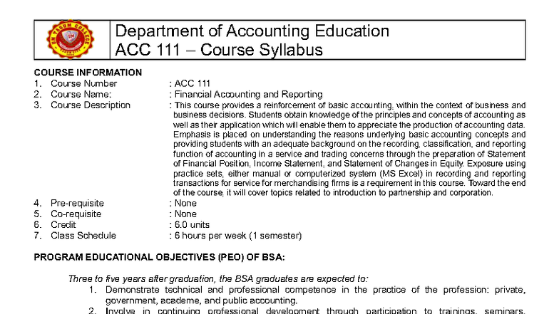 ACC Financial Accounting and Reporting Course Syllabus - Studocu