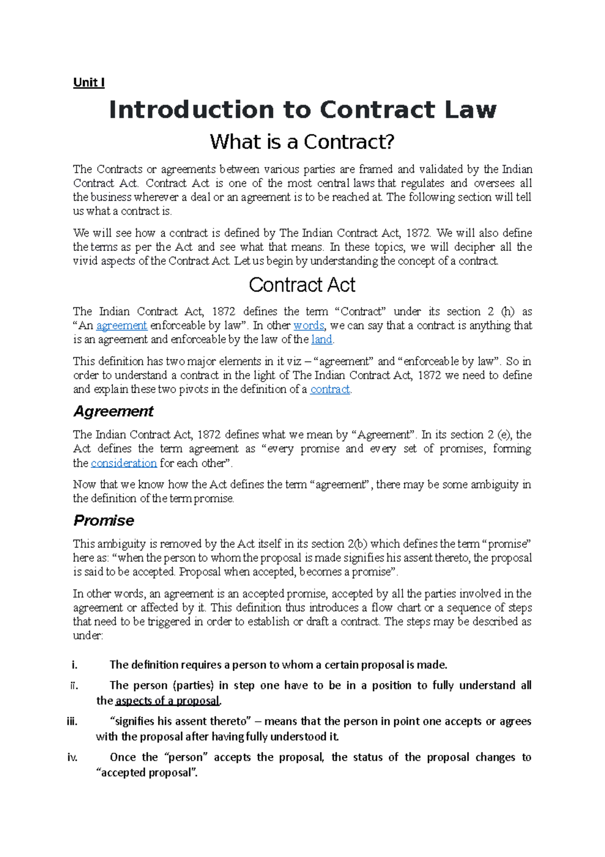 Unit I - Unit I Introduction to Contract Law What is a Contract? The ...