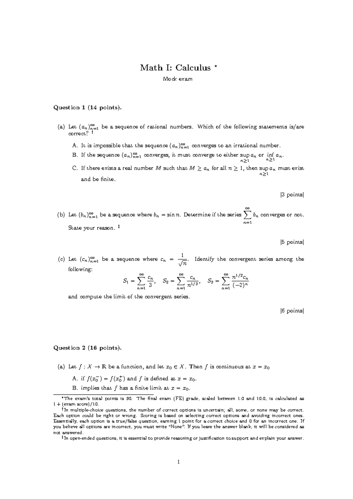Math I: Calculus Final Exam Mock Questions 2025/2026 - Studeersnel