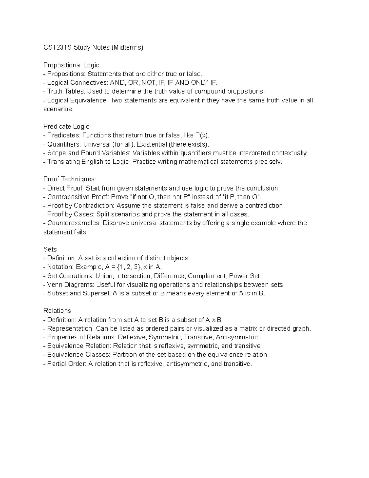 CS1231S Midterm Study Notes: Propositional & Predicate Logic - Studocu