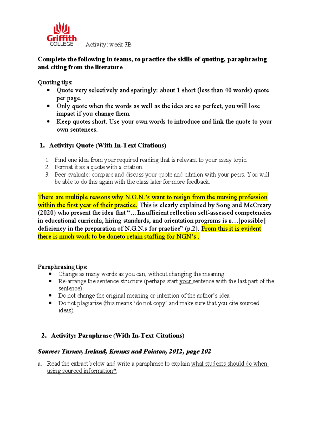 Week 3B Activity: Quoting, Paraphrasing, and Citing Skills - Studocu
