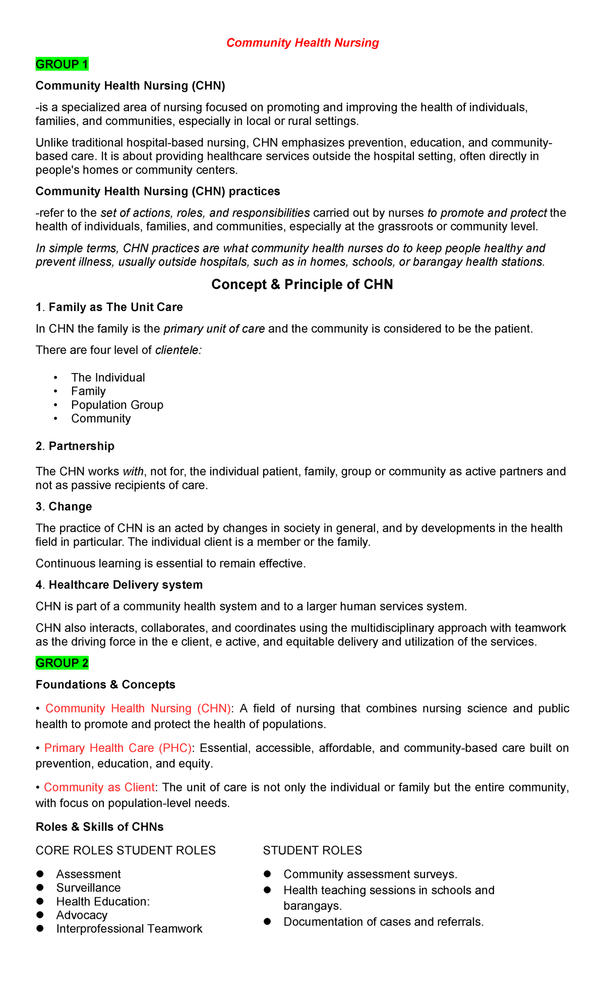 Community Health Nursing (CHN): Foundations, Roles, and Theoretical ...