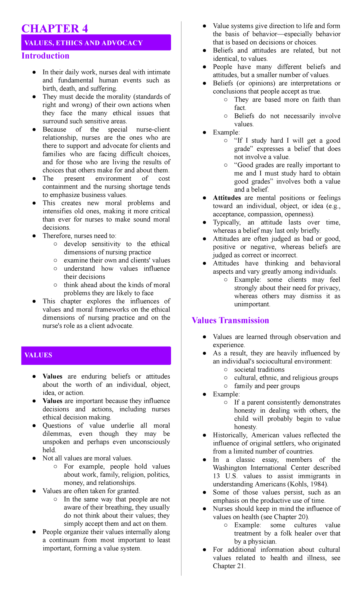 CHAPTER 4 VALUES, ETHICS, AND ADVOCACY IN NURSING - Studocu