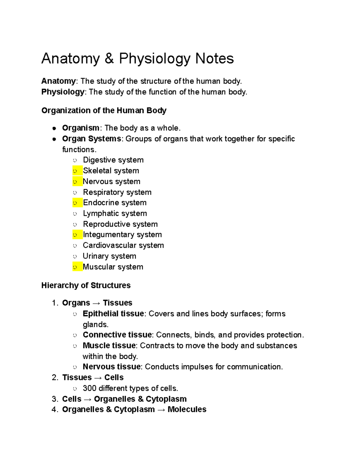 Anatomy & Physiology Lecture Notes: Key Concepts and Structures ...