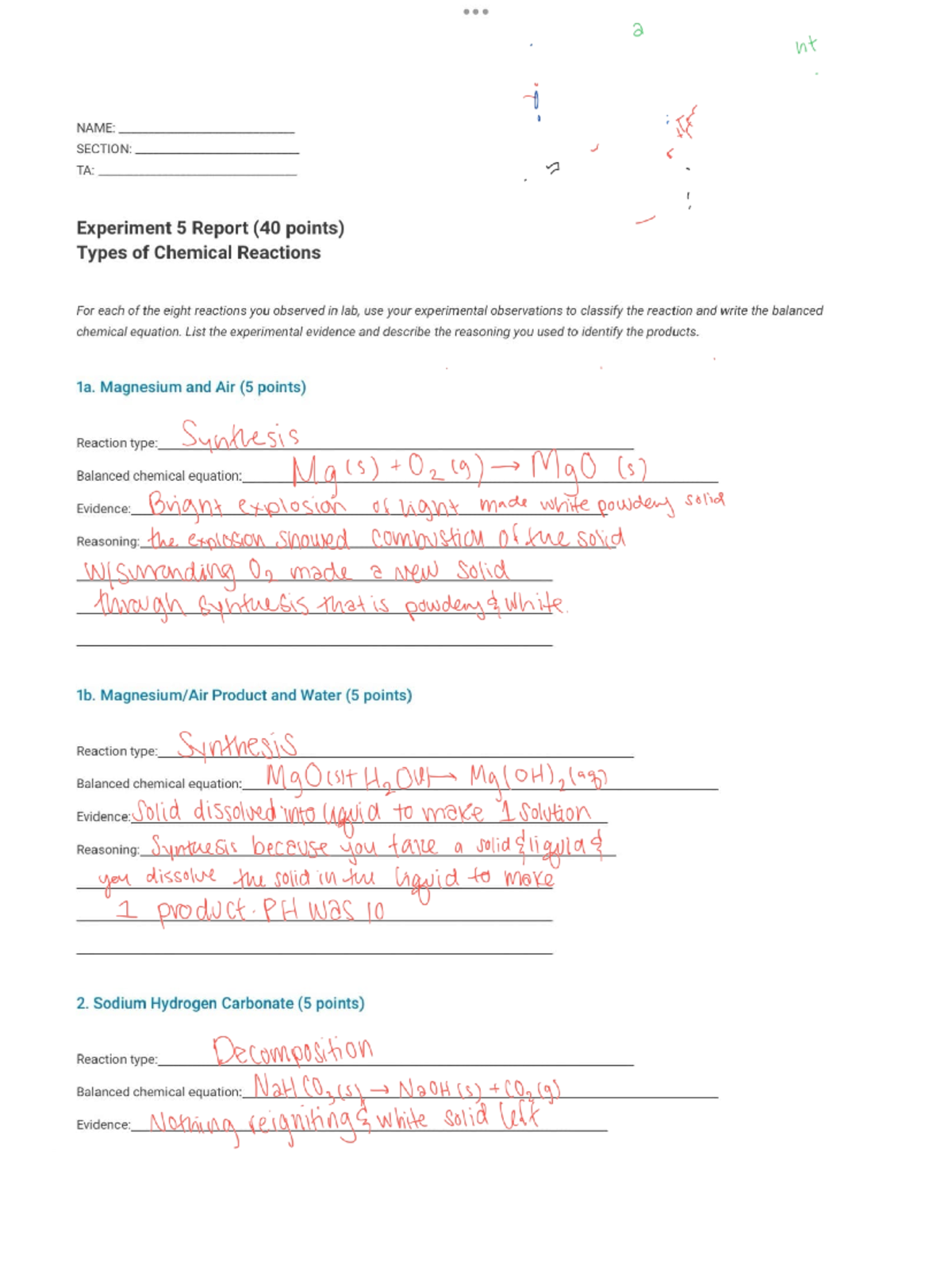 LAB 5 - Type and Classification of Chemical Reactions (Chem 107) - Studocu