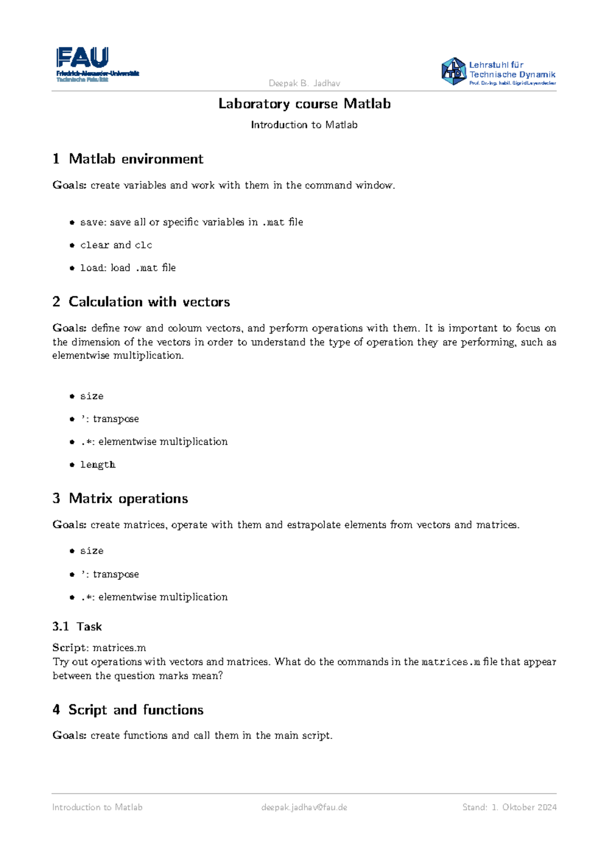 Introduction to Matlab: Laboratory course for Technische Dynamik - Studocu