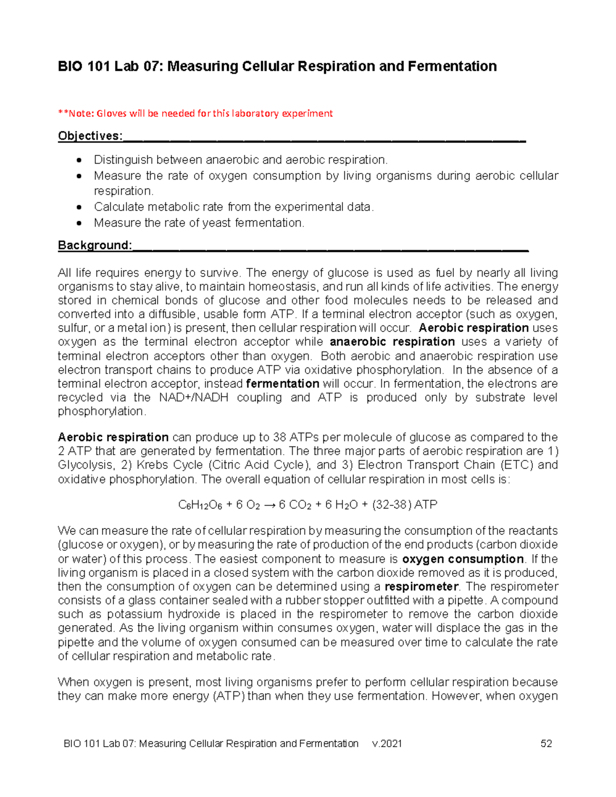 BIO101 Lab 7 Worksheets Cellular Respiration and Fermentation Spring 2022 - BIO 101 Lab 07 ...