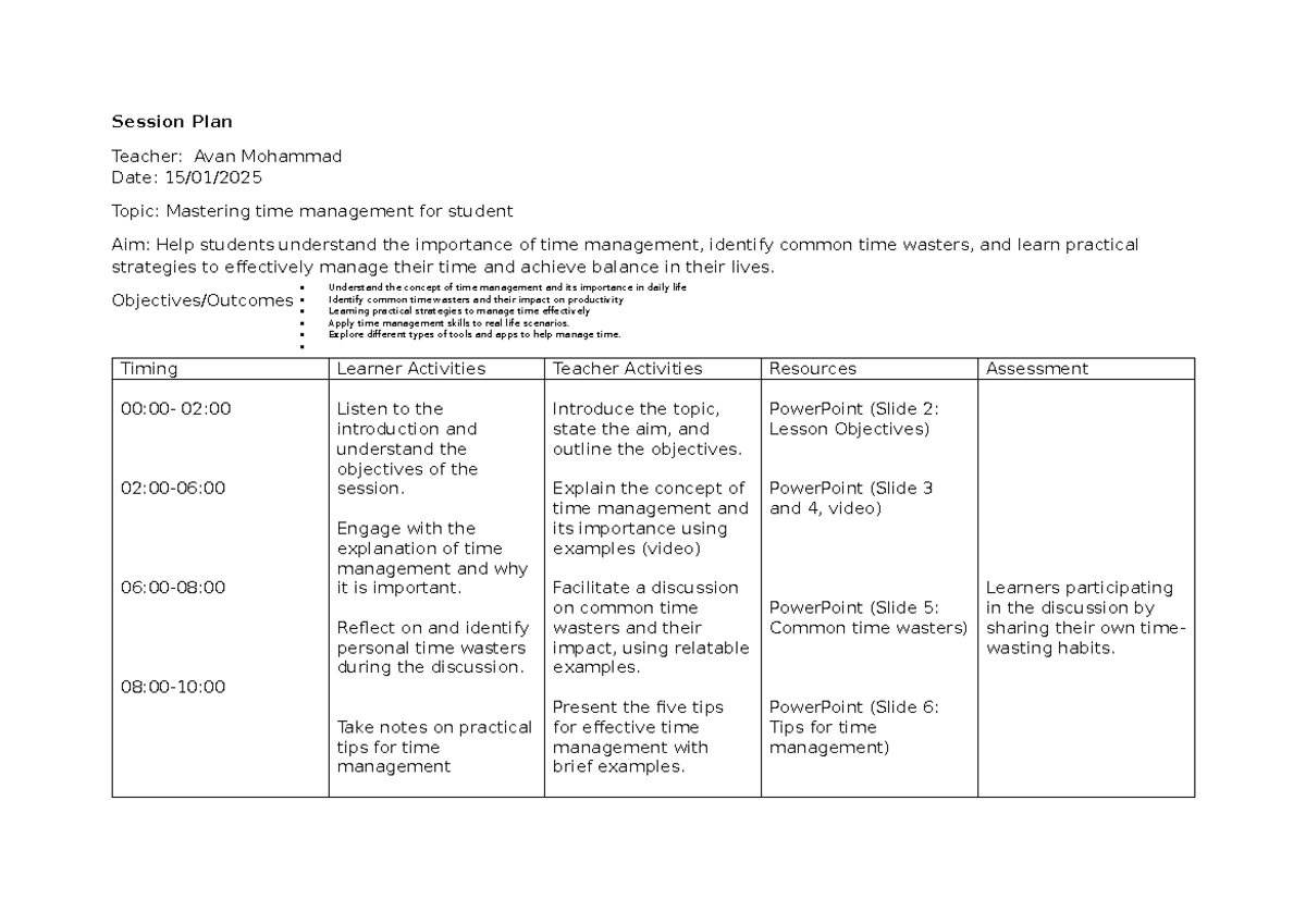 Session Plan - TM: Mastering Time Management for Students - Studocu