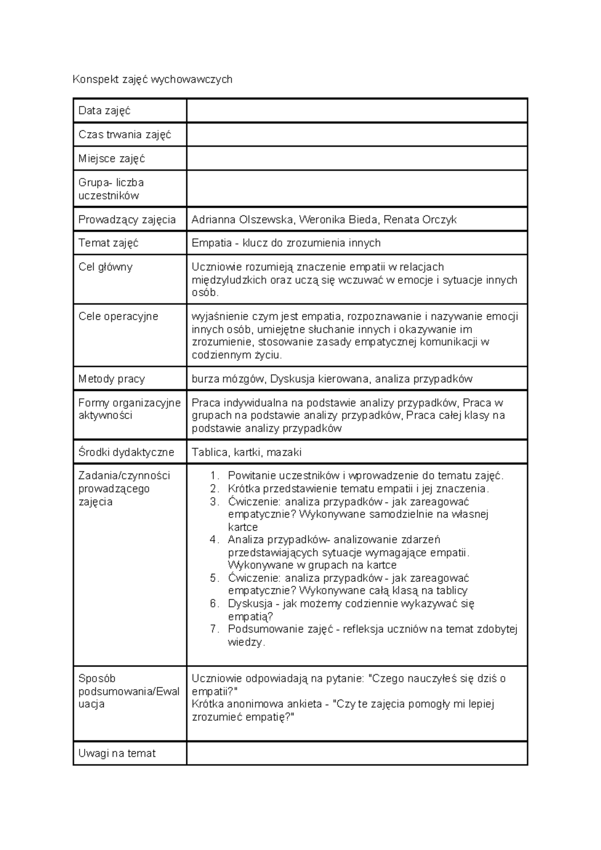 Konspekt zajęć wychowawczych: Empatia jako klucz do zrozumienia - Studocu