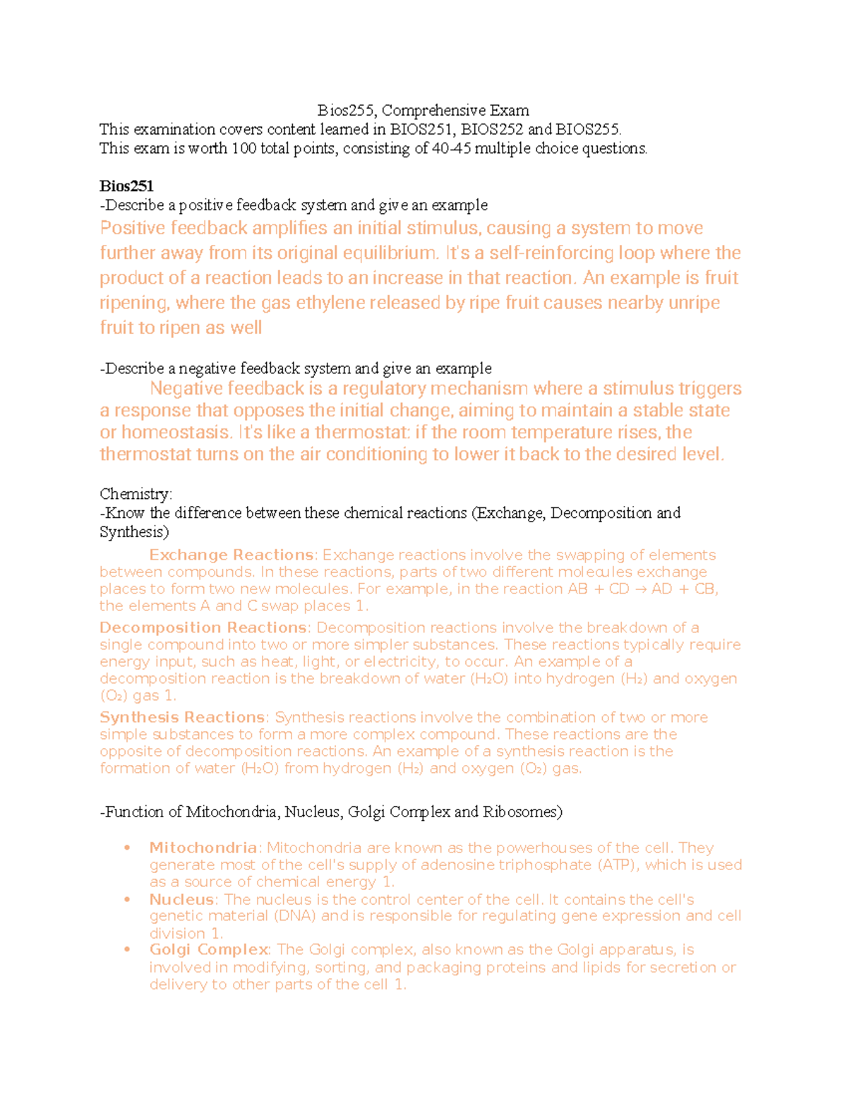 Bios255, Comprehensive Exam Review: Key Concepts and Mechanisms - Studocu