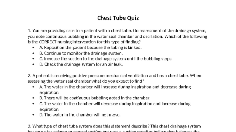 Chest Tube Quiz 1 - Nursing Interventions and Assessments - Studocu