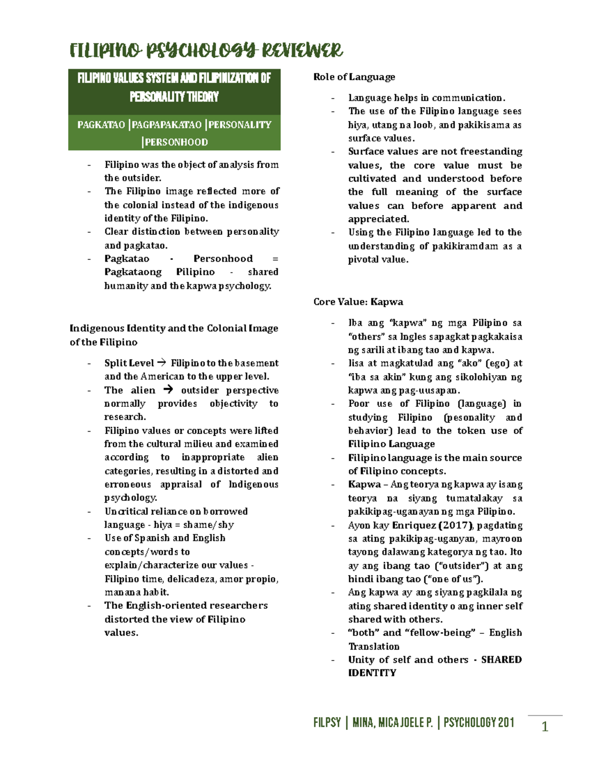 Filpsyreviewerrr - Filipino Values System and Filipinization of ...