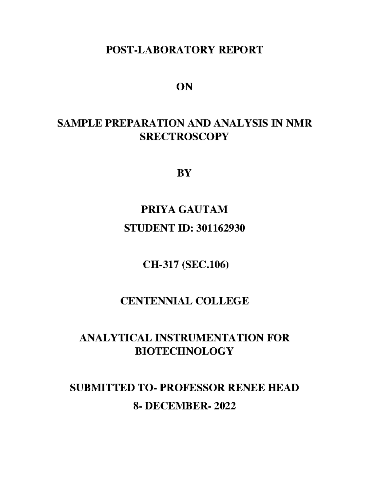 Post-Lab NMR - Assignment - POST-LABORATORY REPORT ON SAMPLE ...