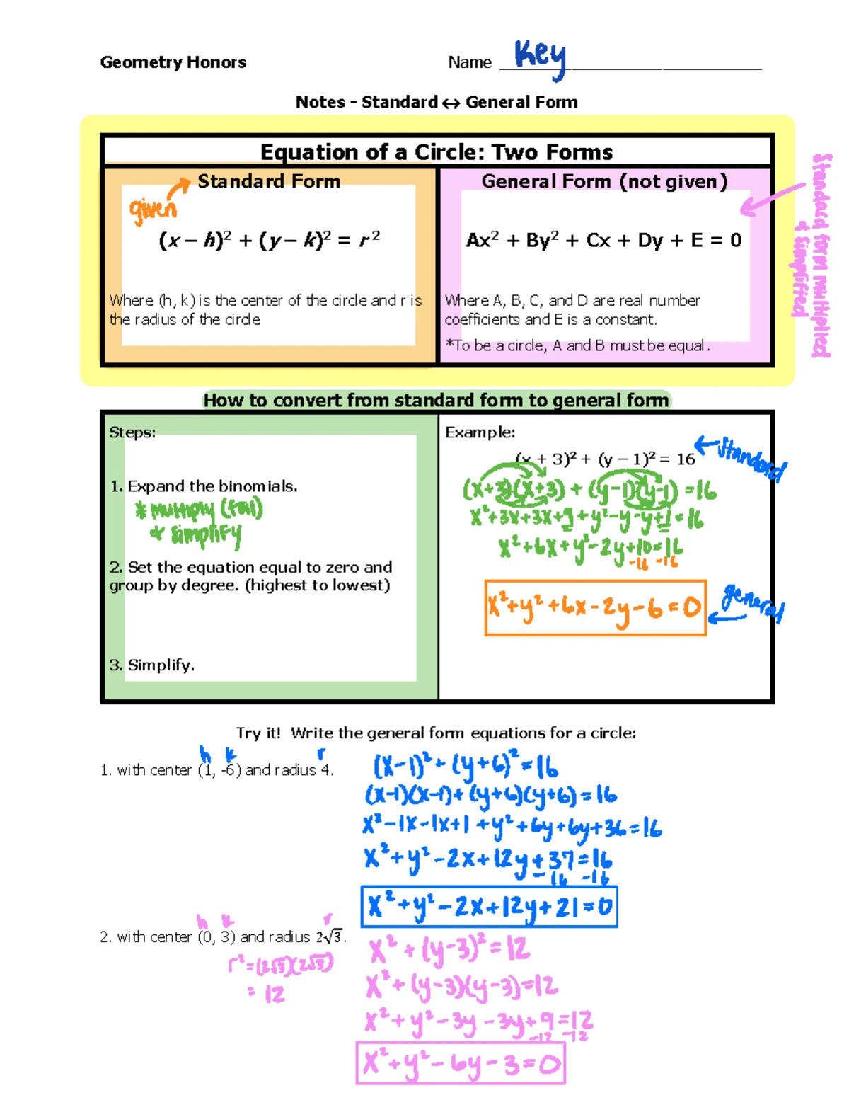 Geometry Honors: Notes on Equations of Circles (KEY) - Studocu