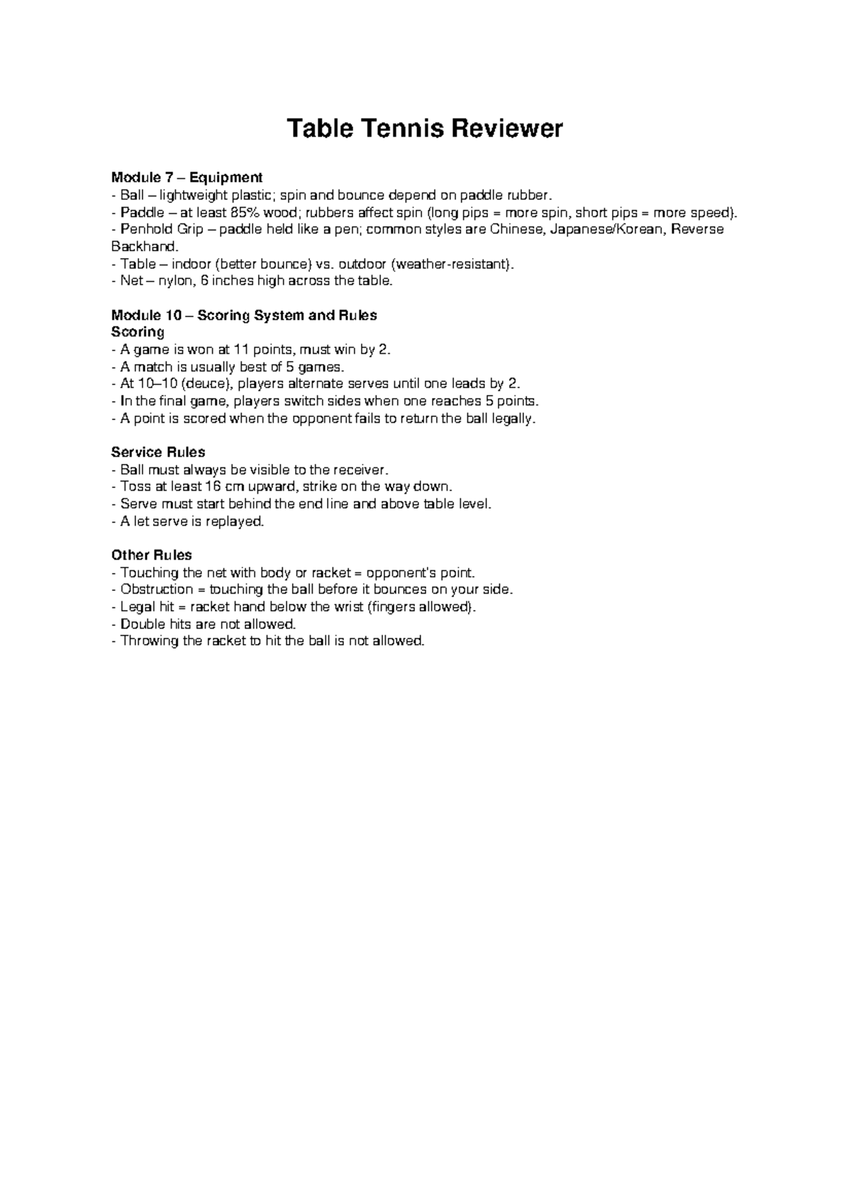 Table Tennis Reviewer: Module 7 & 10 Equipment, Scoring, and Rules ...