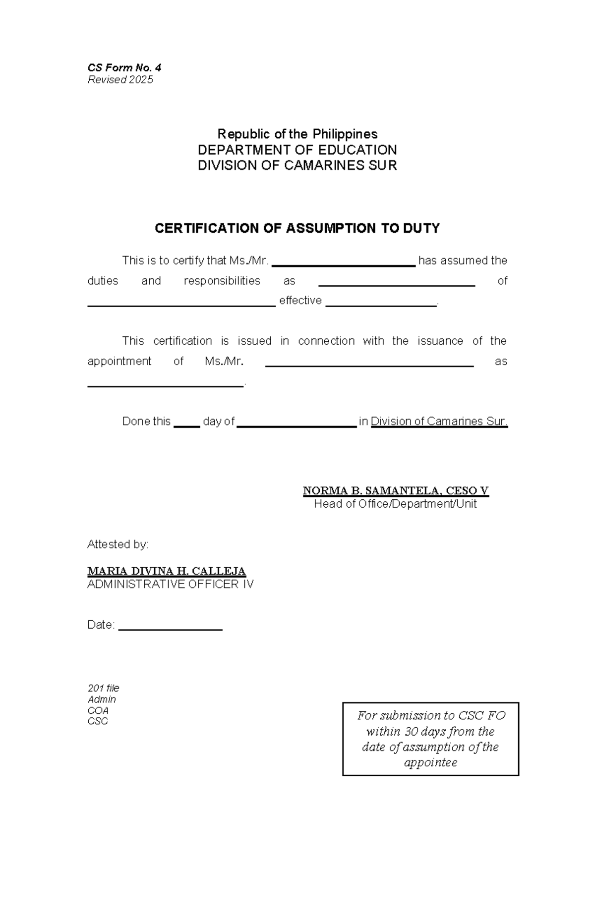 2025 certification of assumption to duty - CS Form No. 4 Revised 202 5 ...