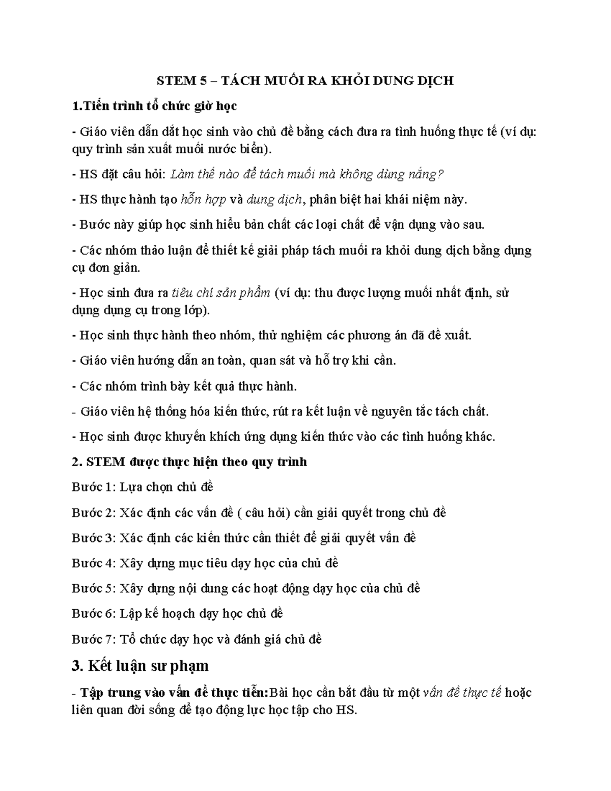 STEM 5: Tách Muối Ra Khỏi Dung Dịch - Bài Tập Buổi 1 - Studocu