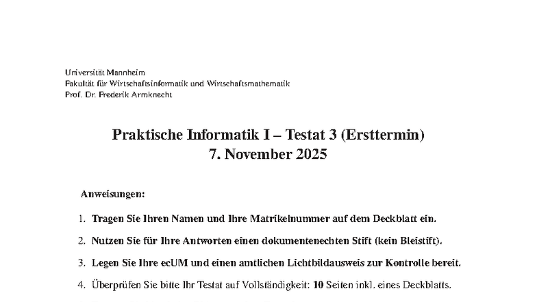 PI1 HWS2025 Praktische Informatik I Testat 3 Anweisungen und Aufgaben ...