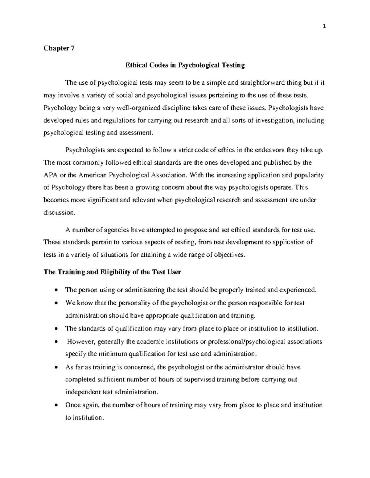 Chapter 7 Lecture Notes: Ethical Codes in Psychological Testing - Studocu