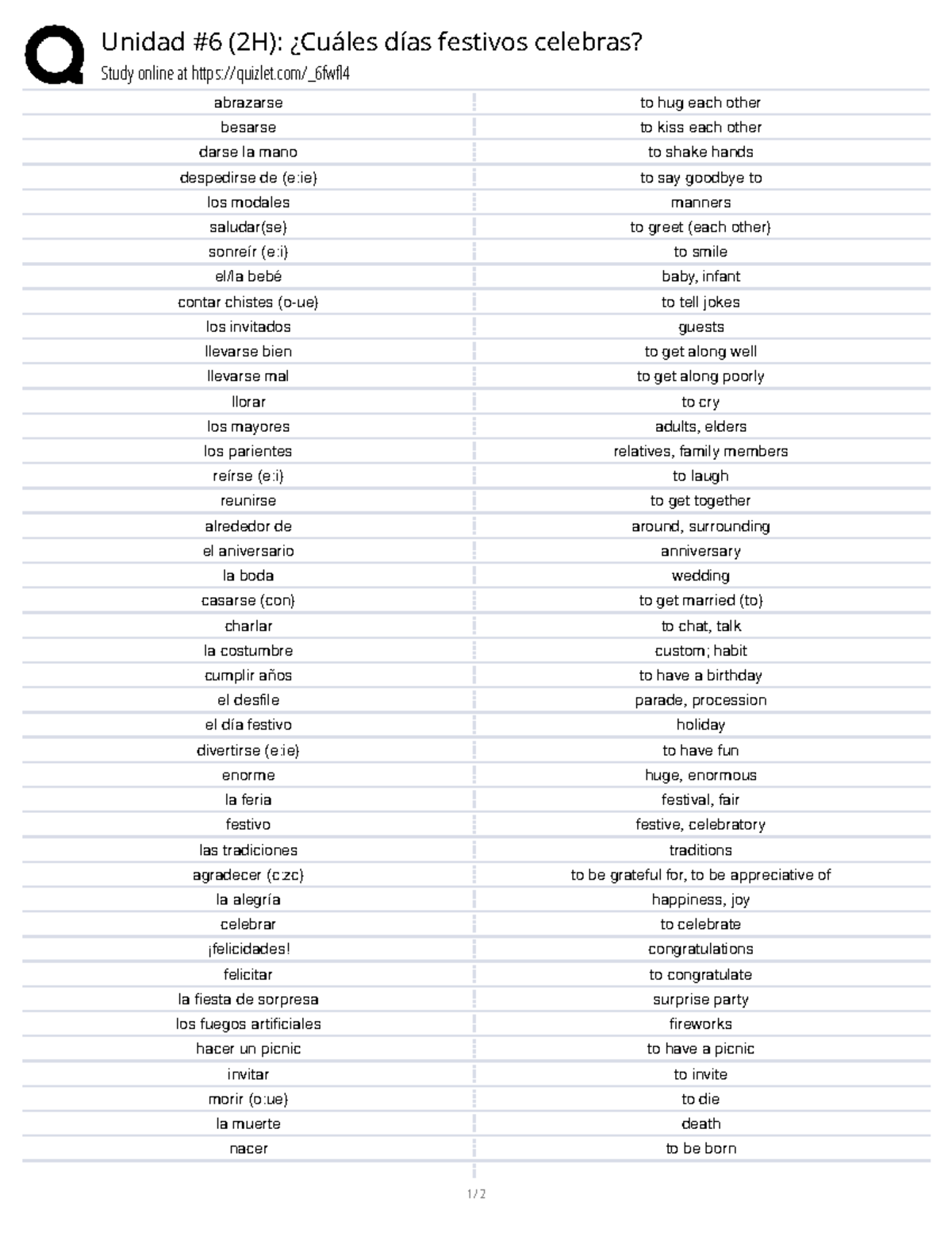 Unidad #6 (2H): Vocabulario sobre Días Festivos y Celebraciones - Studocu