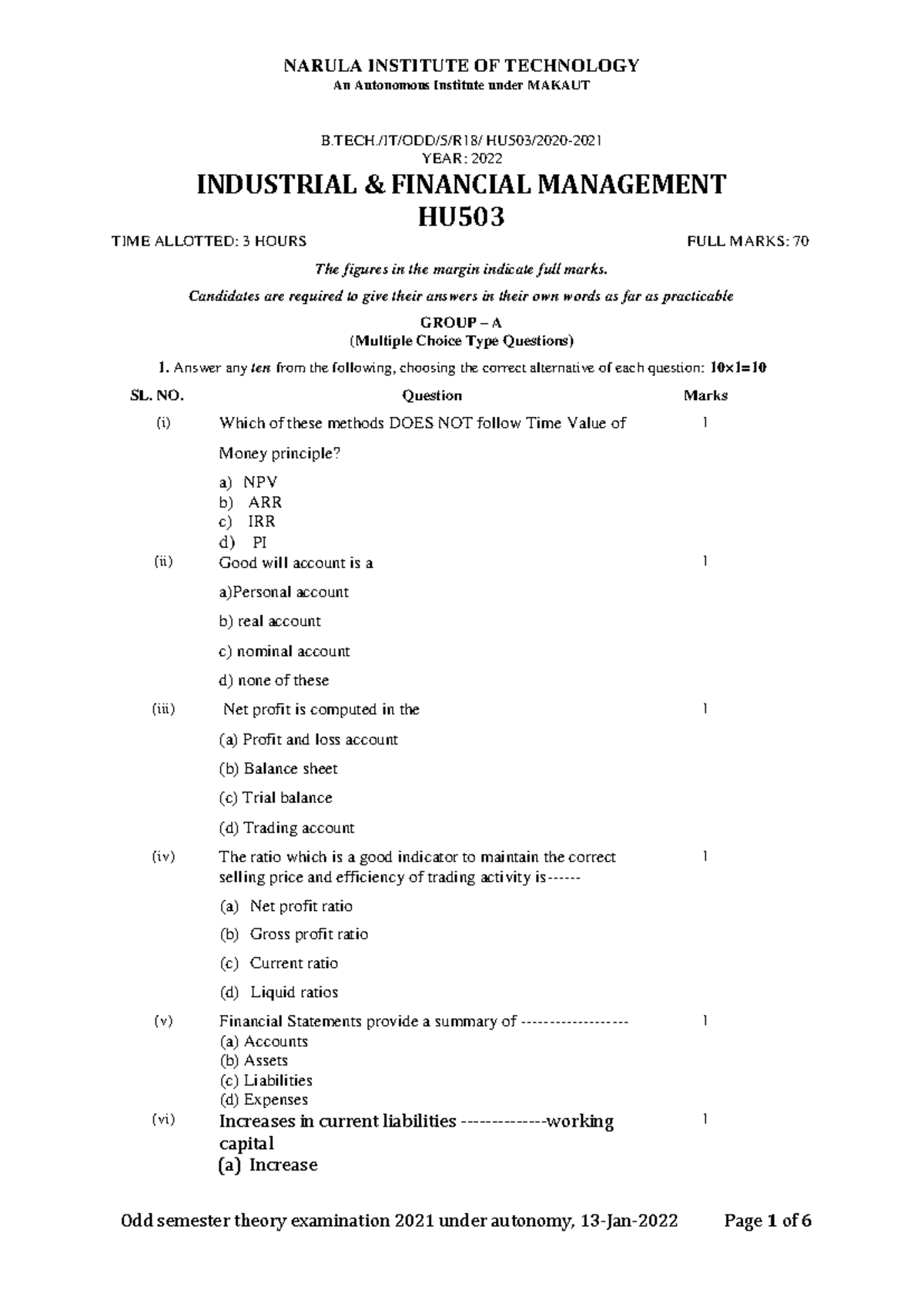 18 HU503 - Industrial & Financial Management Question Paper 2022 - Studocu