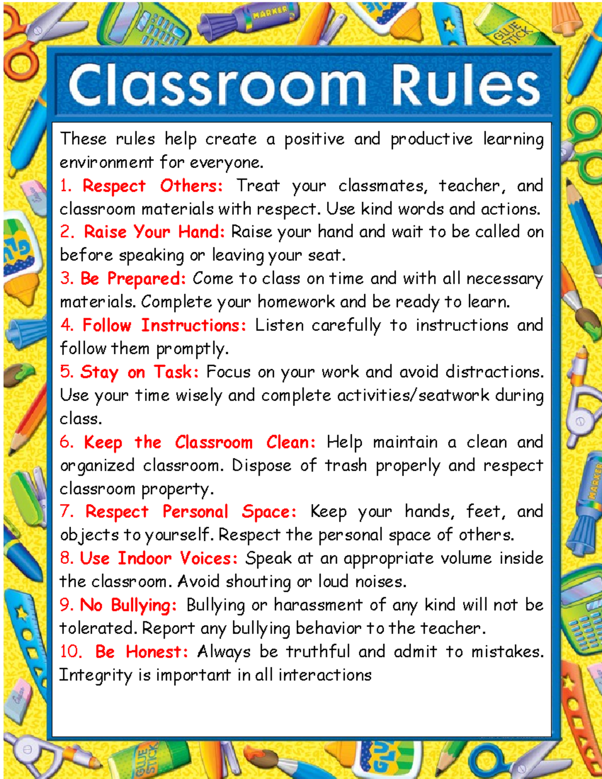 Classroom Rules for a Positive Learning Environment - Studocu