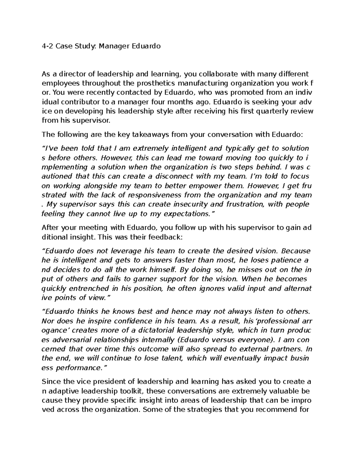 4-2 Case Study: Transforming Leadership Style of Manager Eduardo - Studocu