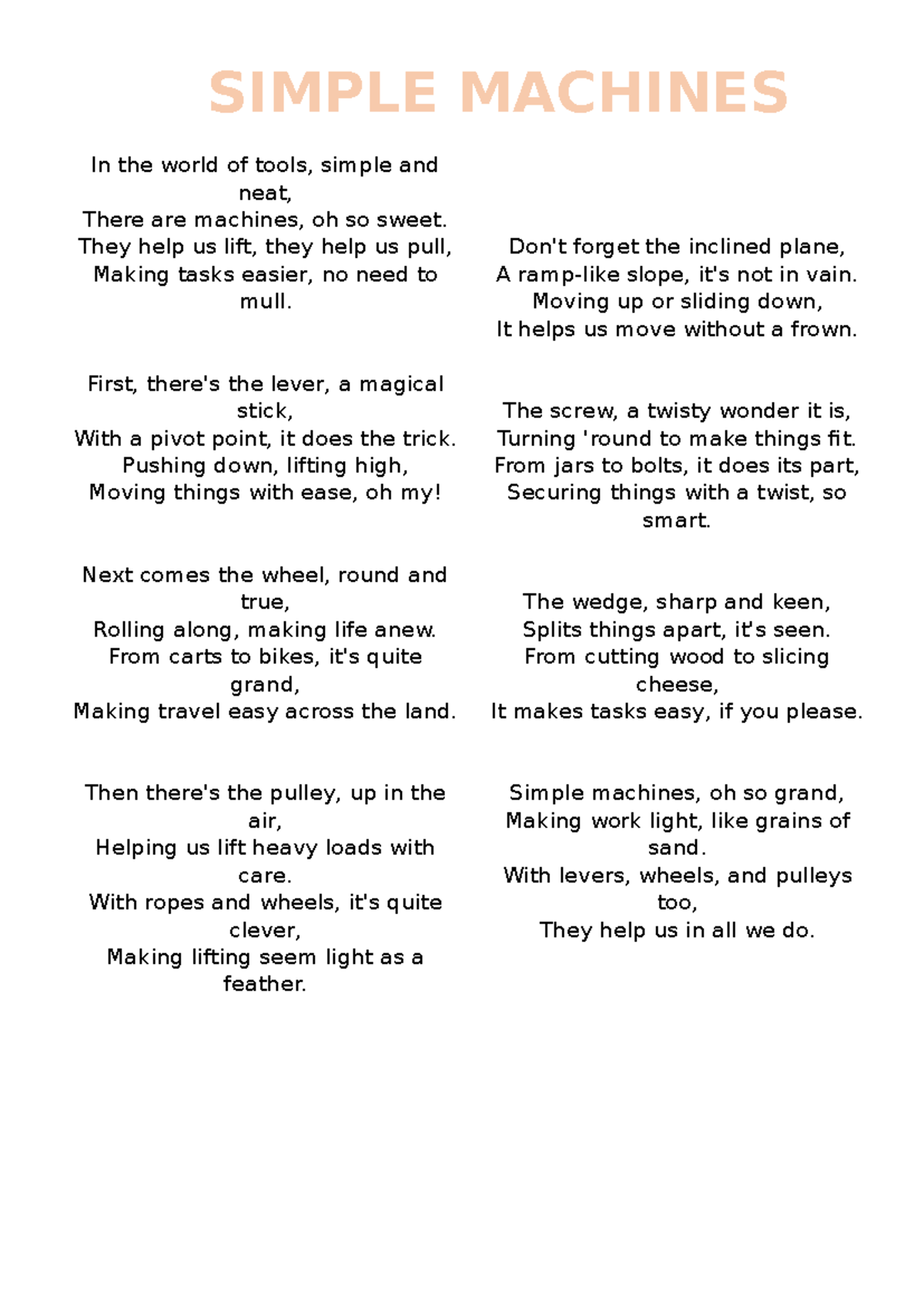 POEM: The Marvels of Simple Machines - A Creative Reading - Studocu