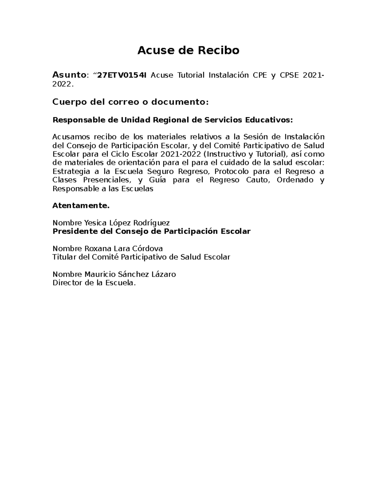 Acuse de Recibo de Tutorial y Materiales CPE 27ETV0154I 2021-2022 - Studocu